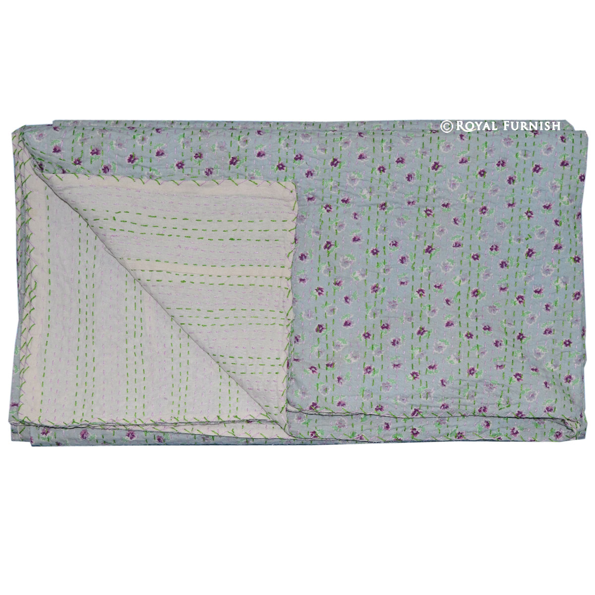 Light Pink Queen Size Small Flower Print Kantha Quilt Blanket Bedding ...