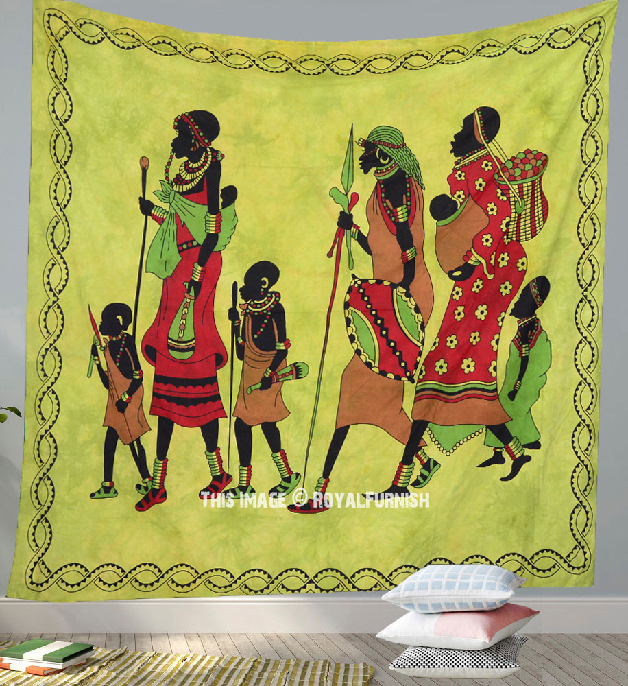 Queen Size Green Tribal Life Theme African Wall Tapestry - RoyalFurnish.com
