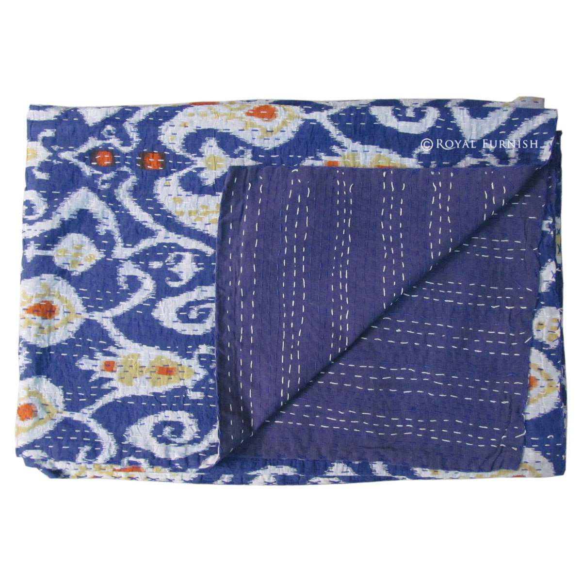 Blue Queen Size Floral Print Ikat Kantha Quilt Blanket Bedding ...