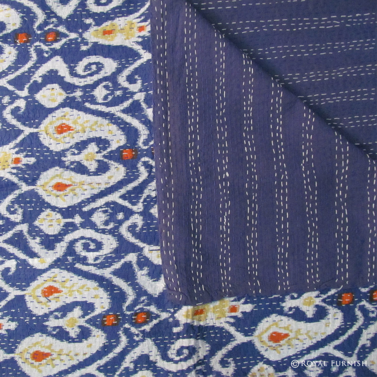 Blue Queen Size Floral Print Ikat Kantha Quilt Blanket Bedding ...