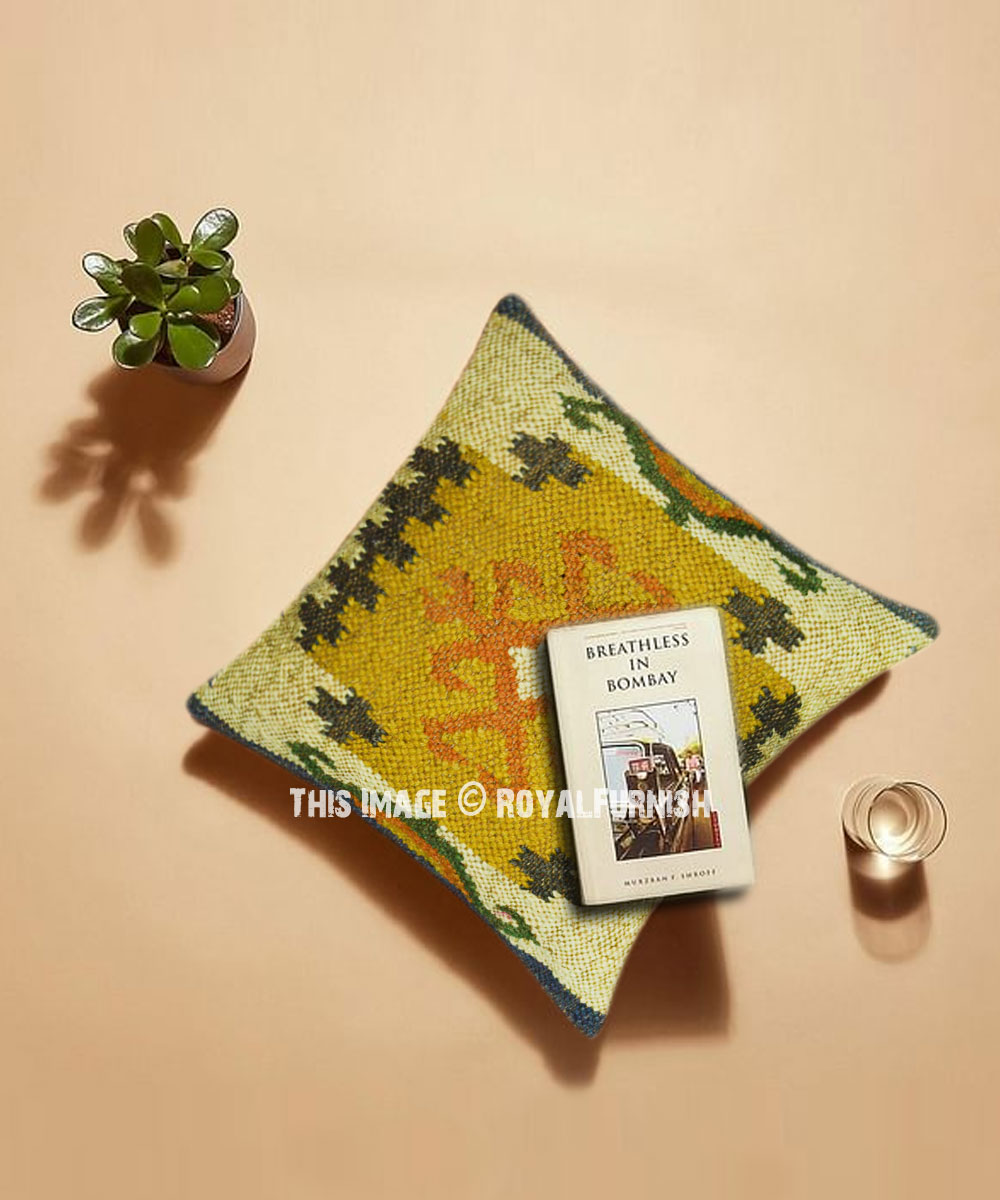 Southwestern Wool Jute Kilim Rug Pillow Cover - RoyalFurnish.com