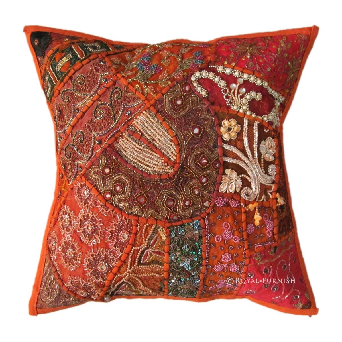 Green Bohemian Vintage Patchwork Heavy Beaded Cushion Cover ...