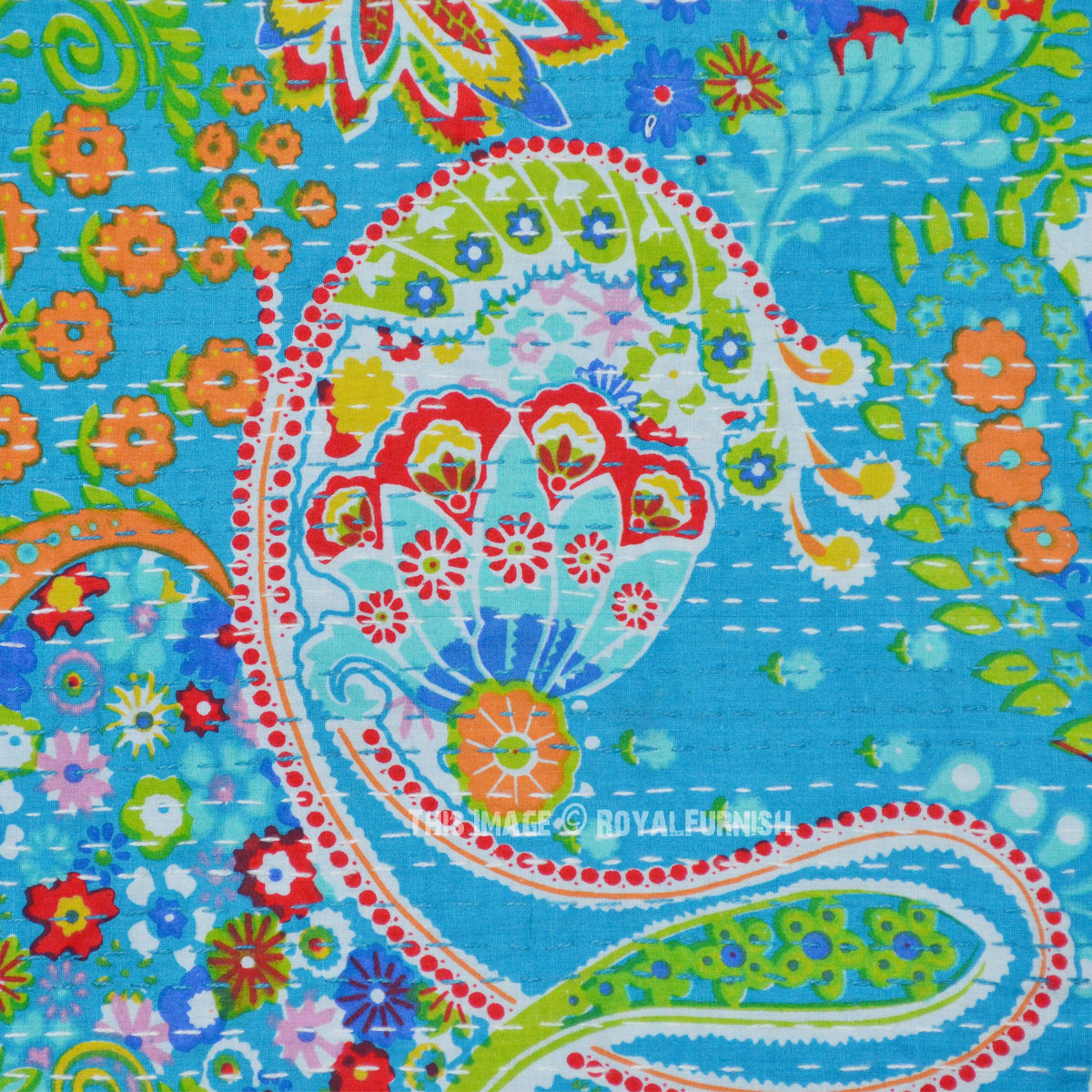 Turquoise Paisley Pattern Kantha Quilted Throw Bedding - RoyalFurnish.com