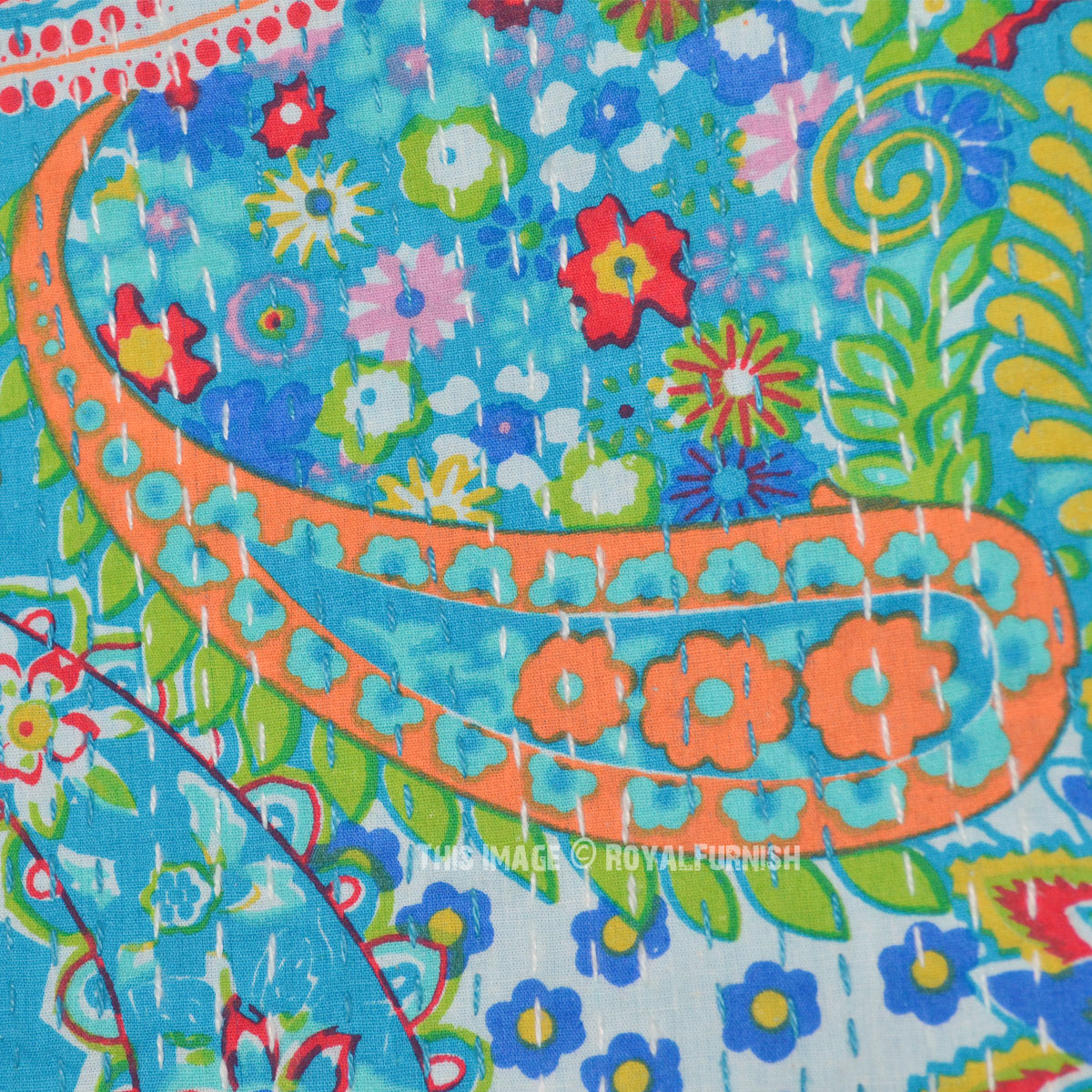 Turquoise Paisley Pattern Kantha Quilted Throw Bedding - RoyalFurnish.com
