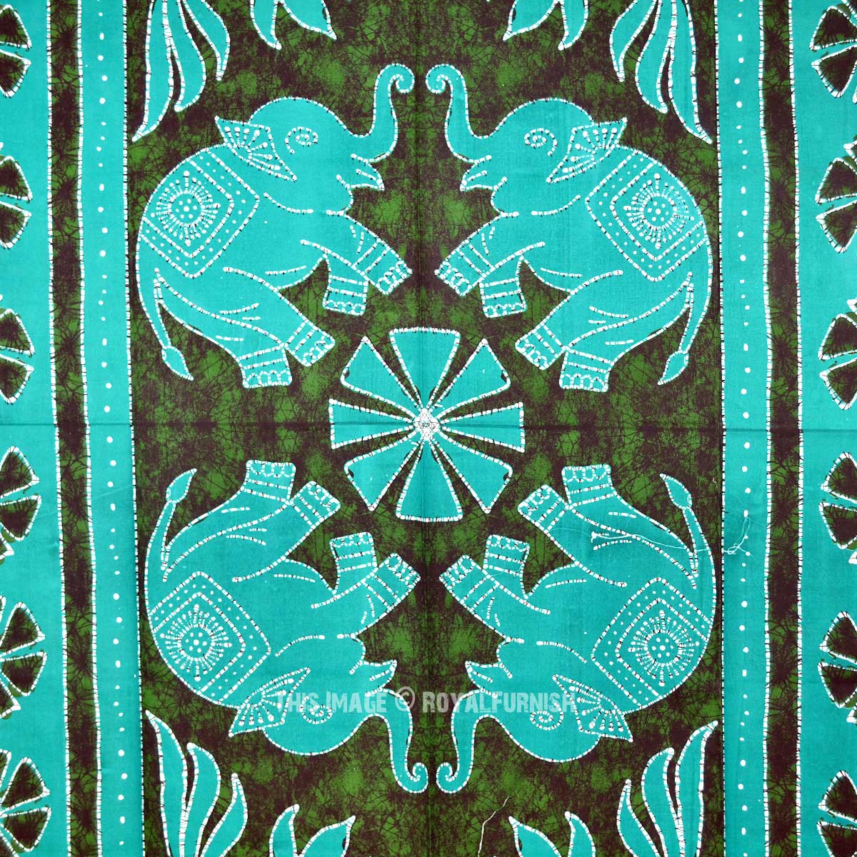 Small Green Four Elephants Batik Tapestry Wall Hanging - RoyalFurnish.com