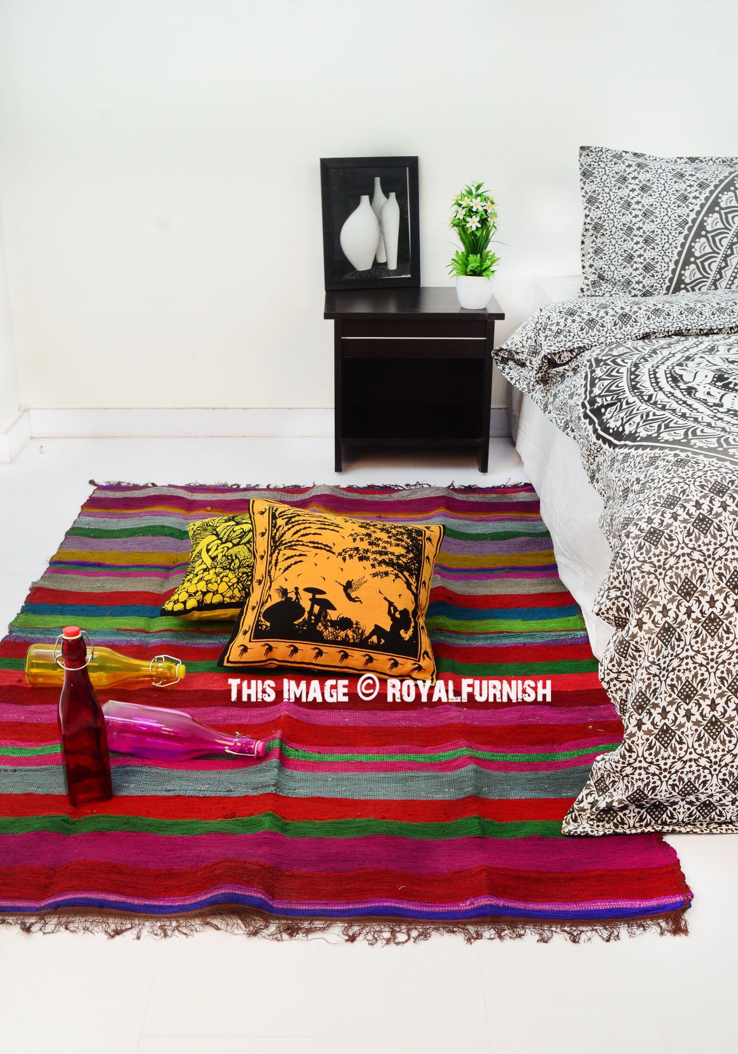 Multi Hand Woven Colorful Stripes Pattern Chindi Rag Rug - RoyalFurnish.com