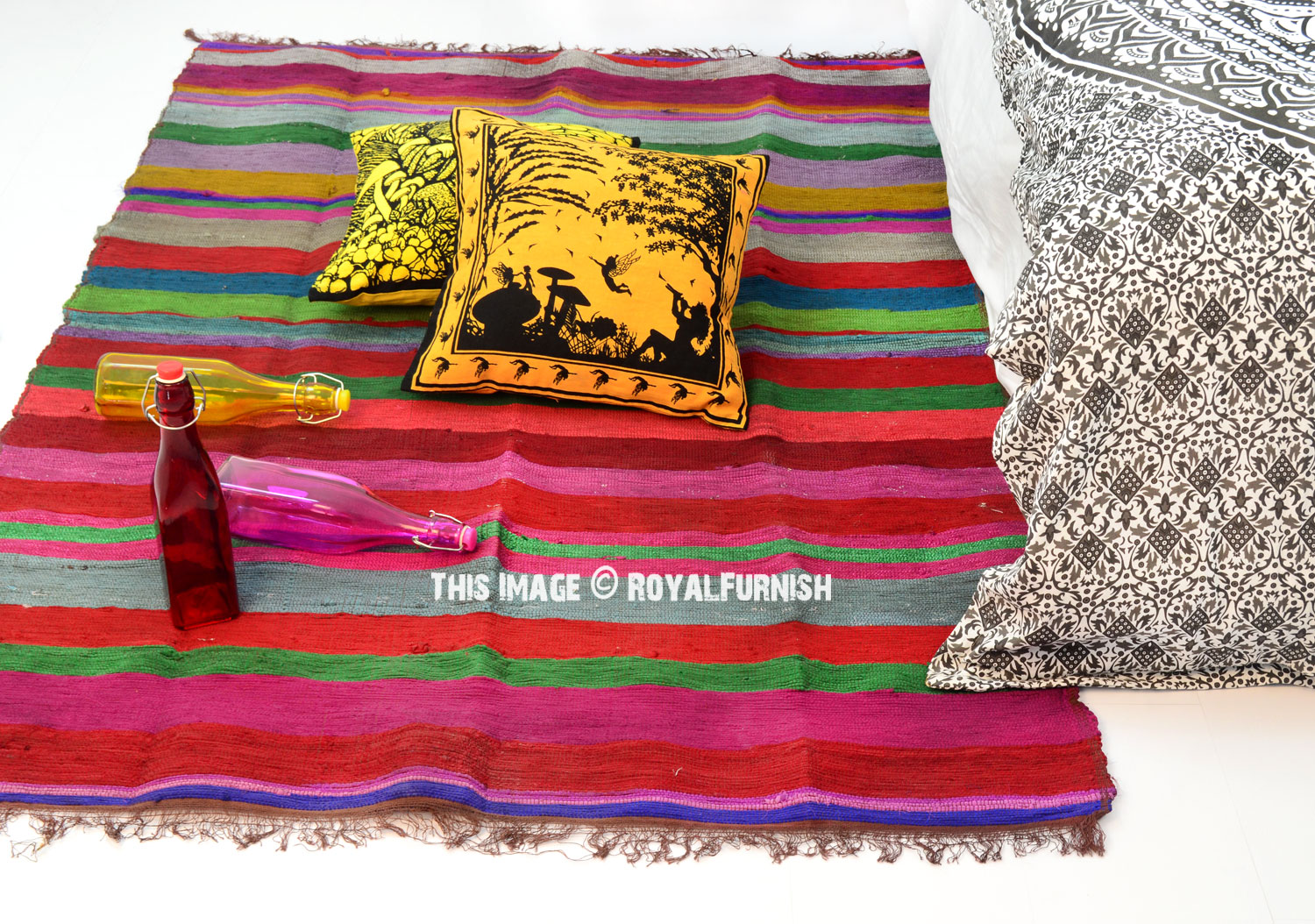 Multi Hand Woven Colorful Stripes Pattern Chindi Rag Rug - RoyalFurnish.com