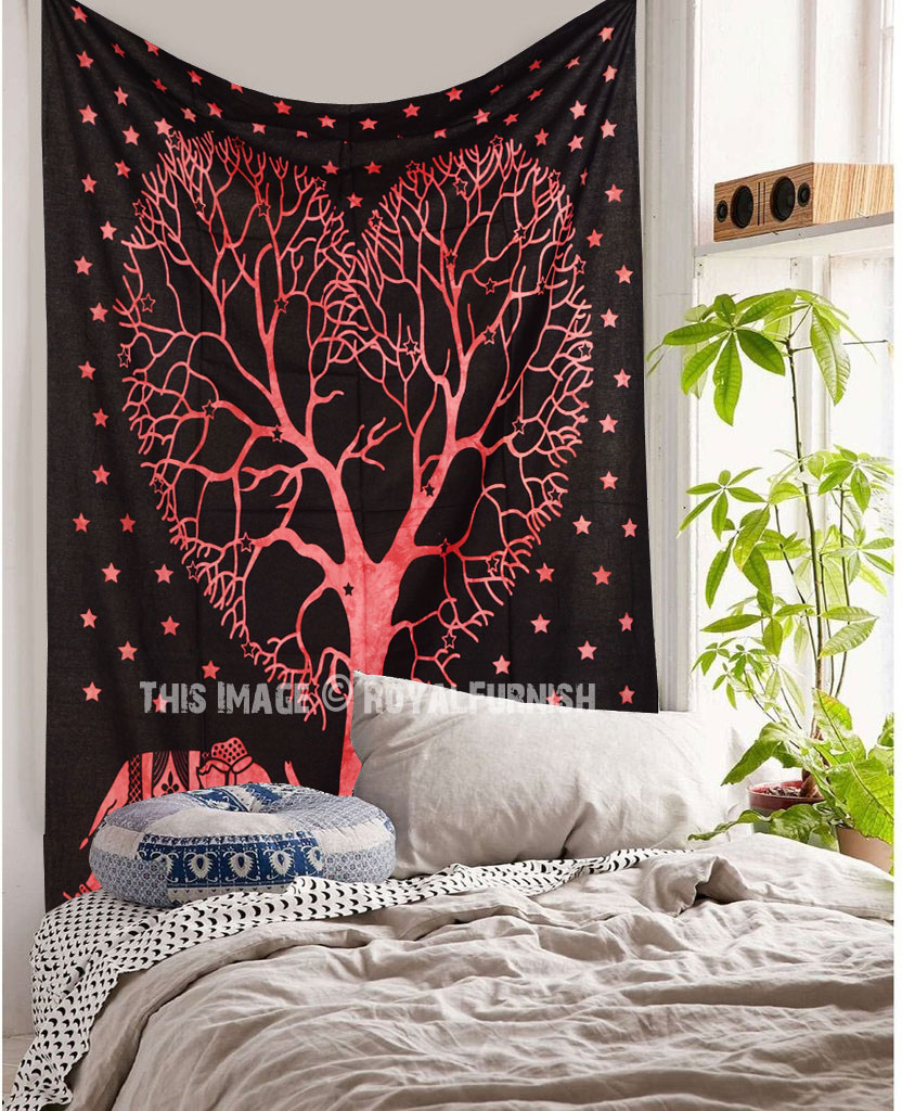 Red Elephant & Heart Tree Wall Tapestry, Hippie Tie Dye Tapestry ...