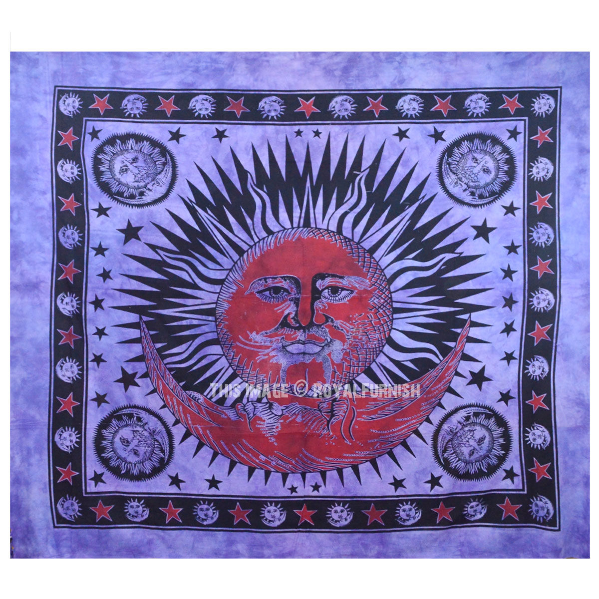 Large Purple Sun Moon & Planets Wall Tapestry, Tie Dye Fringed Bedding ...