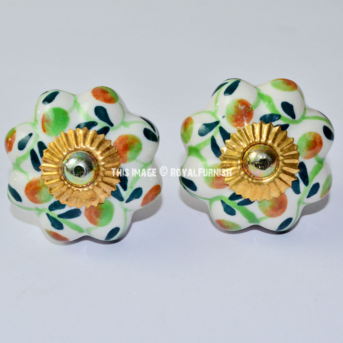 Vintage Hand Painted Floral Design Ceramic Door Knobs, Set of 2 - RoyalFurnish.com