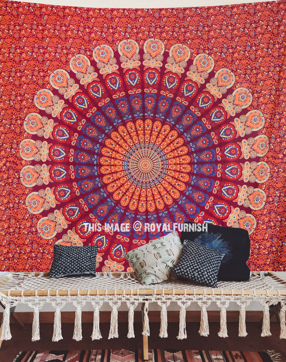 Maroon Peacock Mandala Tapestry Wall Hanging, Hippie Indian Bedding ...