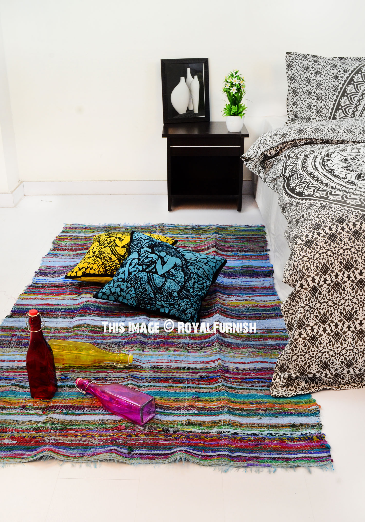 Turquoise Striped Chindi Rug, Hand Woven Floor Mat 3.6" X 6.5" ft ...