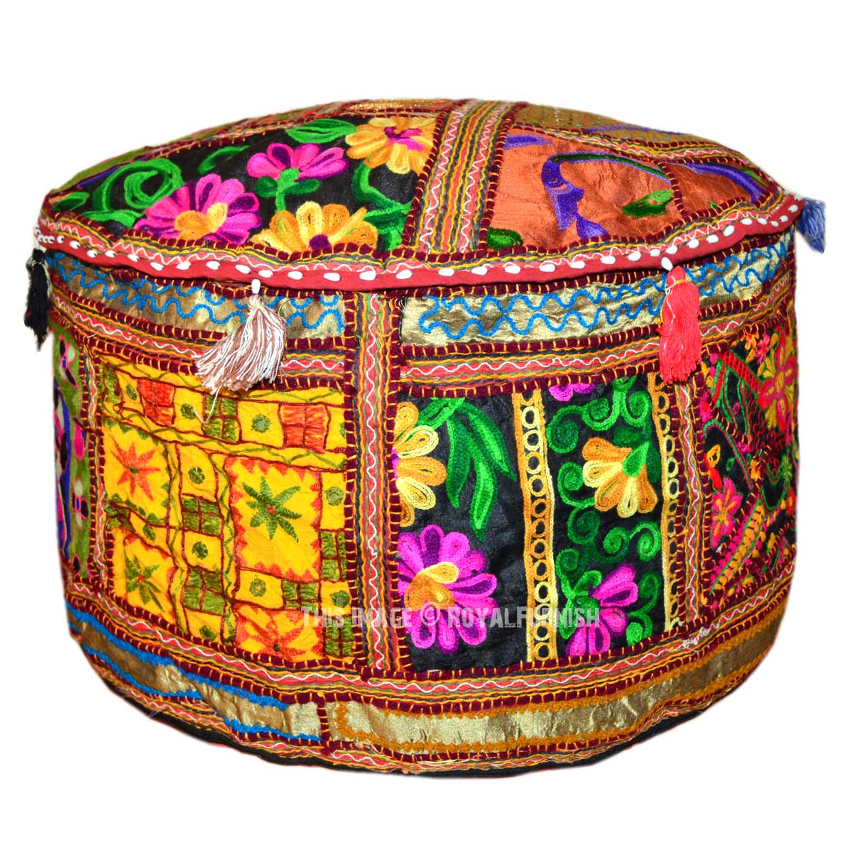 22" Boho Patterned Multi Hand Embroidered Pouffe - RoyalFurnish.com