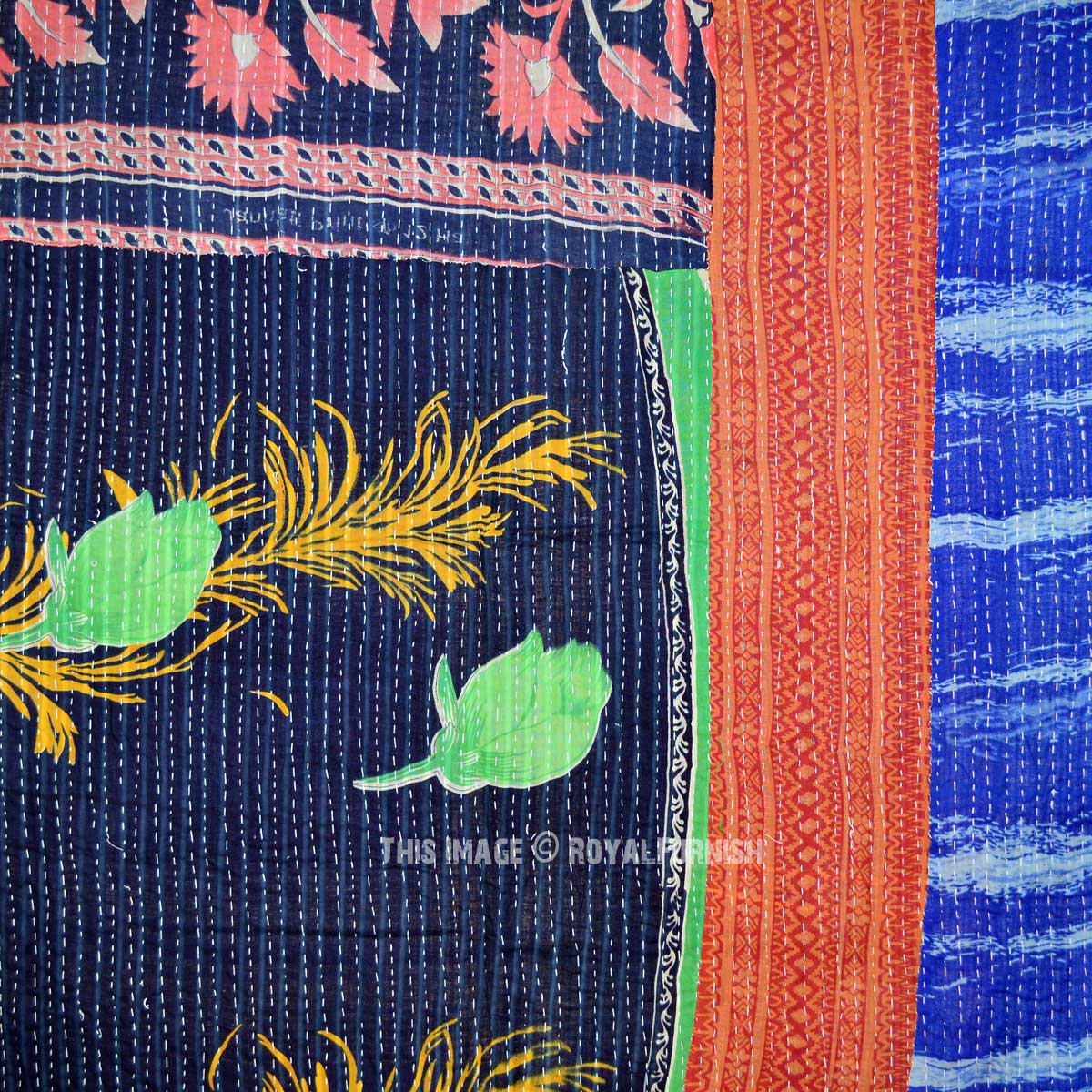 Classic Blue Multi Layered Indian Kantha Quilted Throw - RoyalFurnish.com