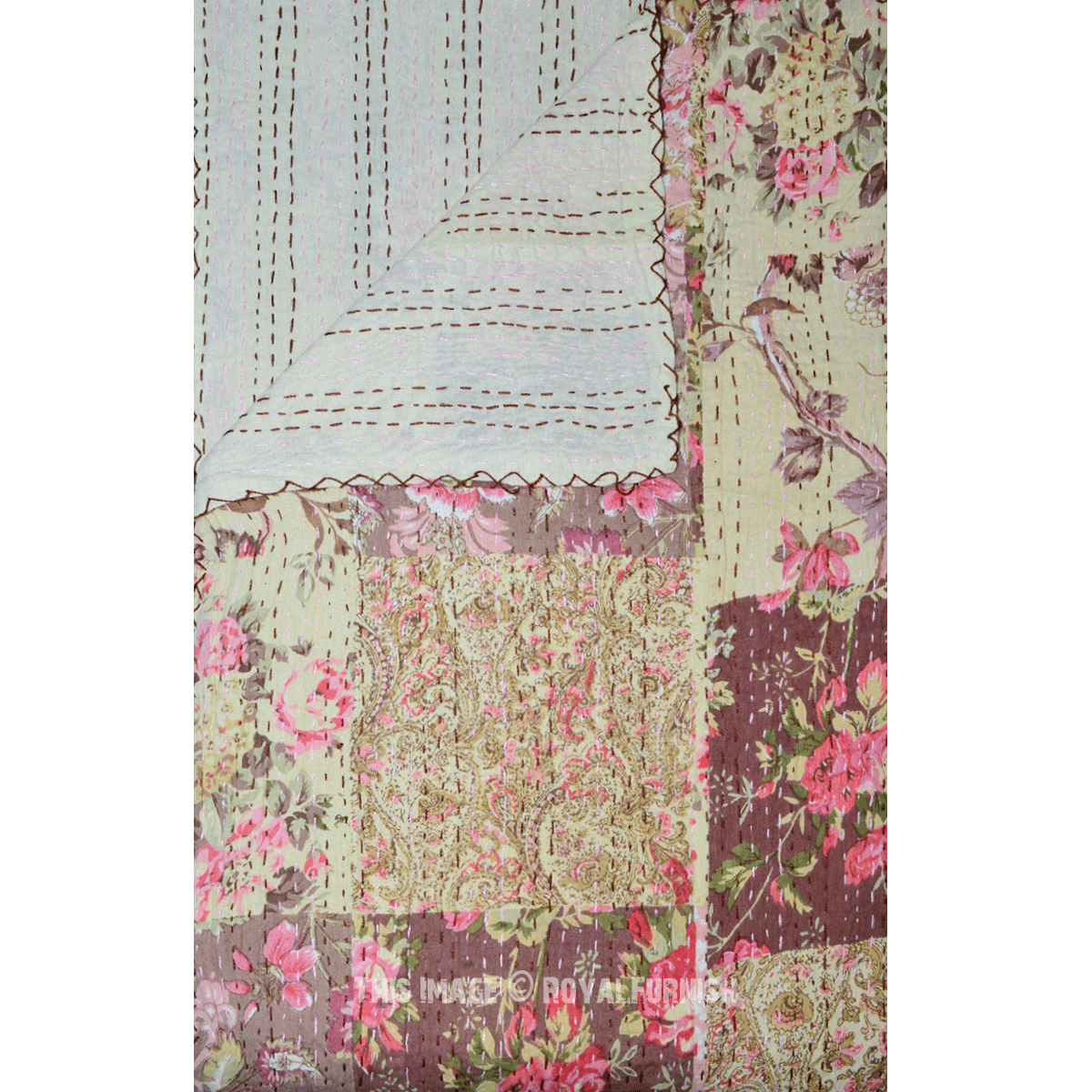 Beige Patchwork Style Boho Pattern Kantha Quilted Throw Bedding ...