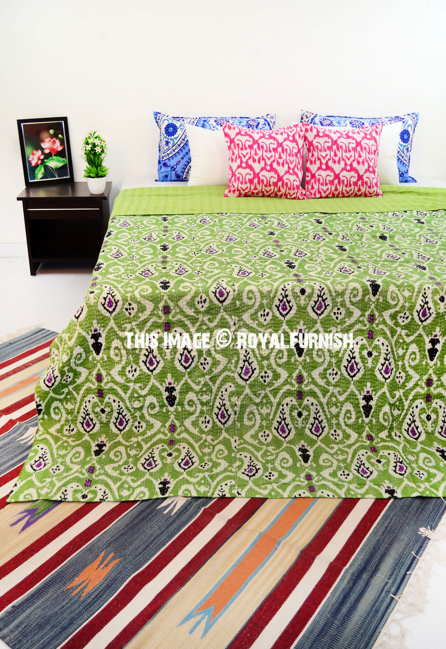 Green Queen Size Paisley Ikat Kantha Quilt Blanket Bedding Bedspread ...