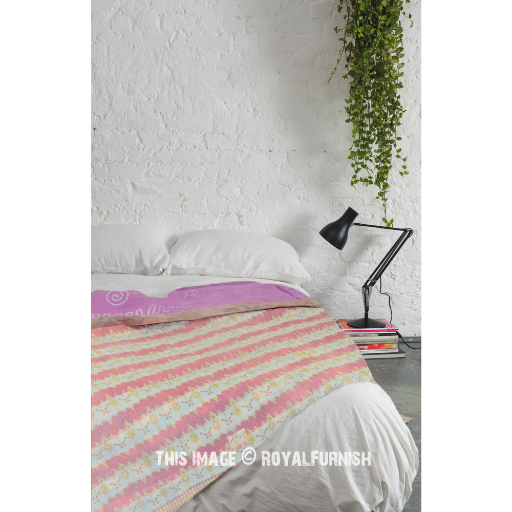 Beige Multi Old Cotton Sari Cloth Made Unique Kantha Embroidered Quilt ...