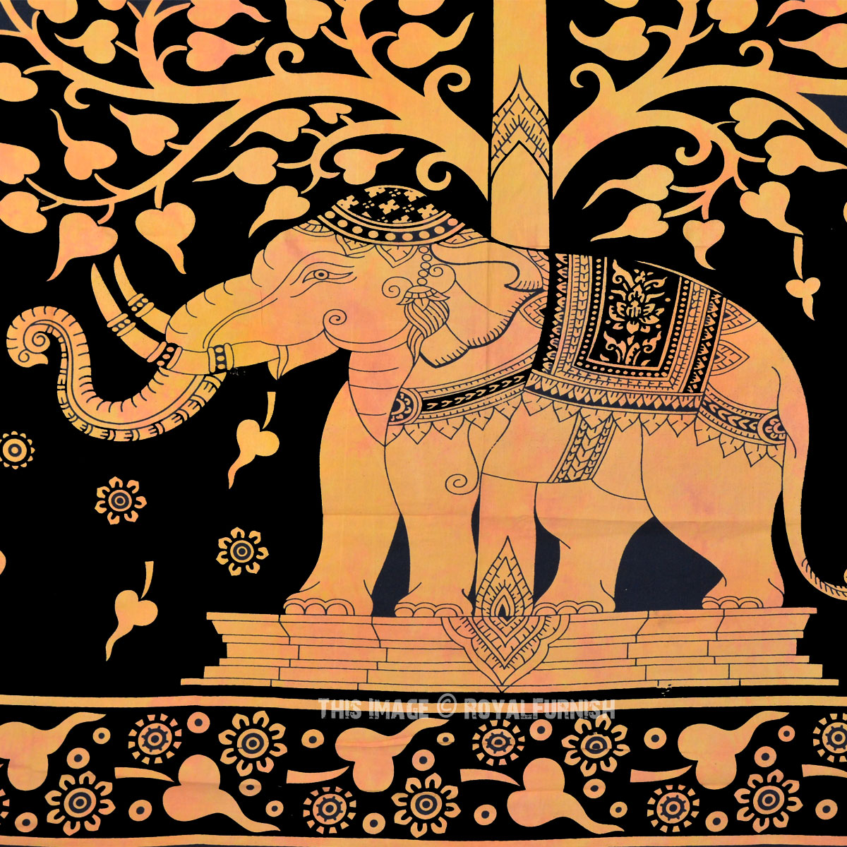 Orange Asian Elephant Under Tree Tapestry - RoyalFurnish.com