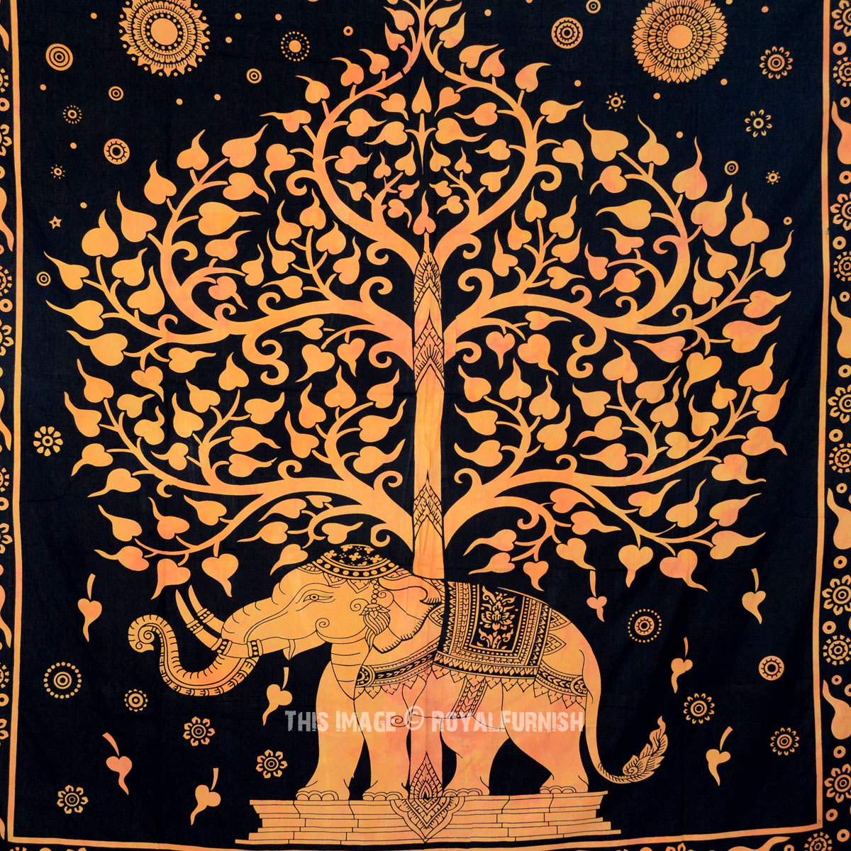 Orange Asian Elephant Under Tree Tapestry - RoyalFurnish.com