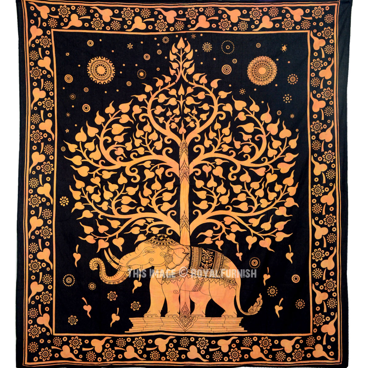 Orange Asian Elephant Under Tree Tapestry - RoyalFurnish.com