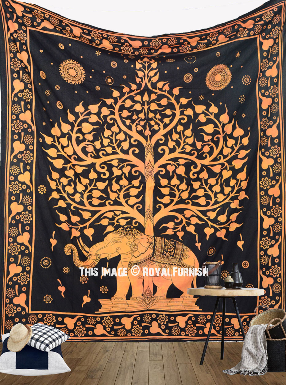 Orange Asian Elephant Under Tree Tapestry - RoyalFurnish.com