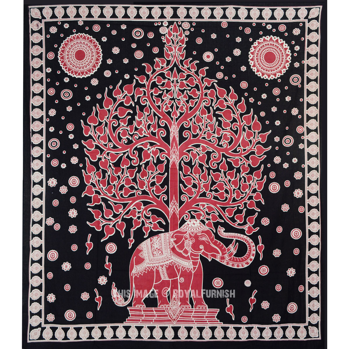 Red & Black Elephant Tree Tapestry - RoyalFurnish.com