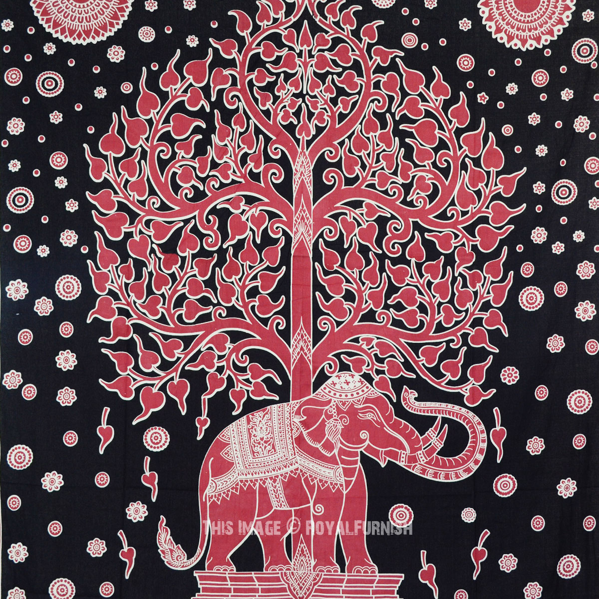 Red & Black Elephant Tree Tapestry - RoyalFurnish.com