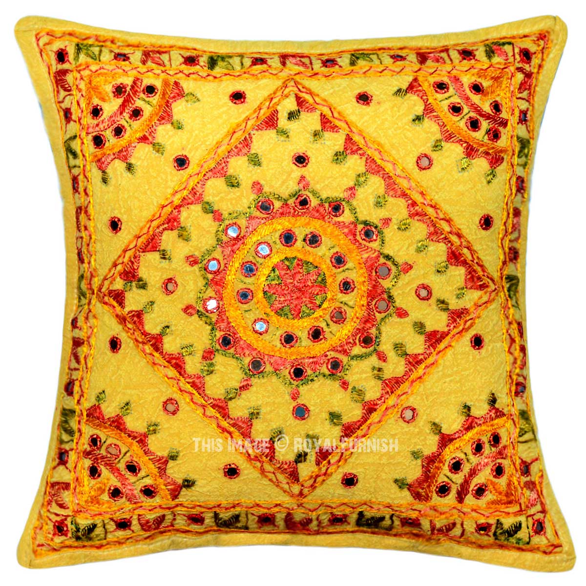 Yellow Multi Classic Mirror Embroidery Boho Accent Throw Pillow Sham ...