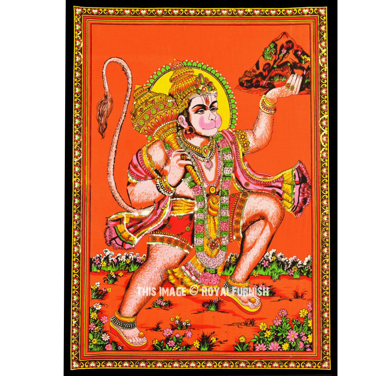 Orange Hindu God Hanuman Lifting Mountain Poster Size Tapestry ...