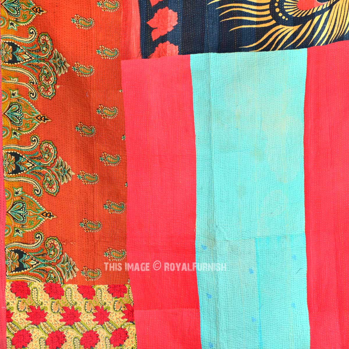 Red Multi Patchwork Colorful Cotton Vintage Kantha Blanket Throw 57" x ...