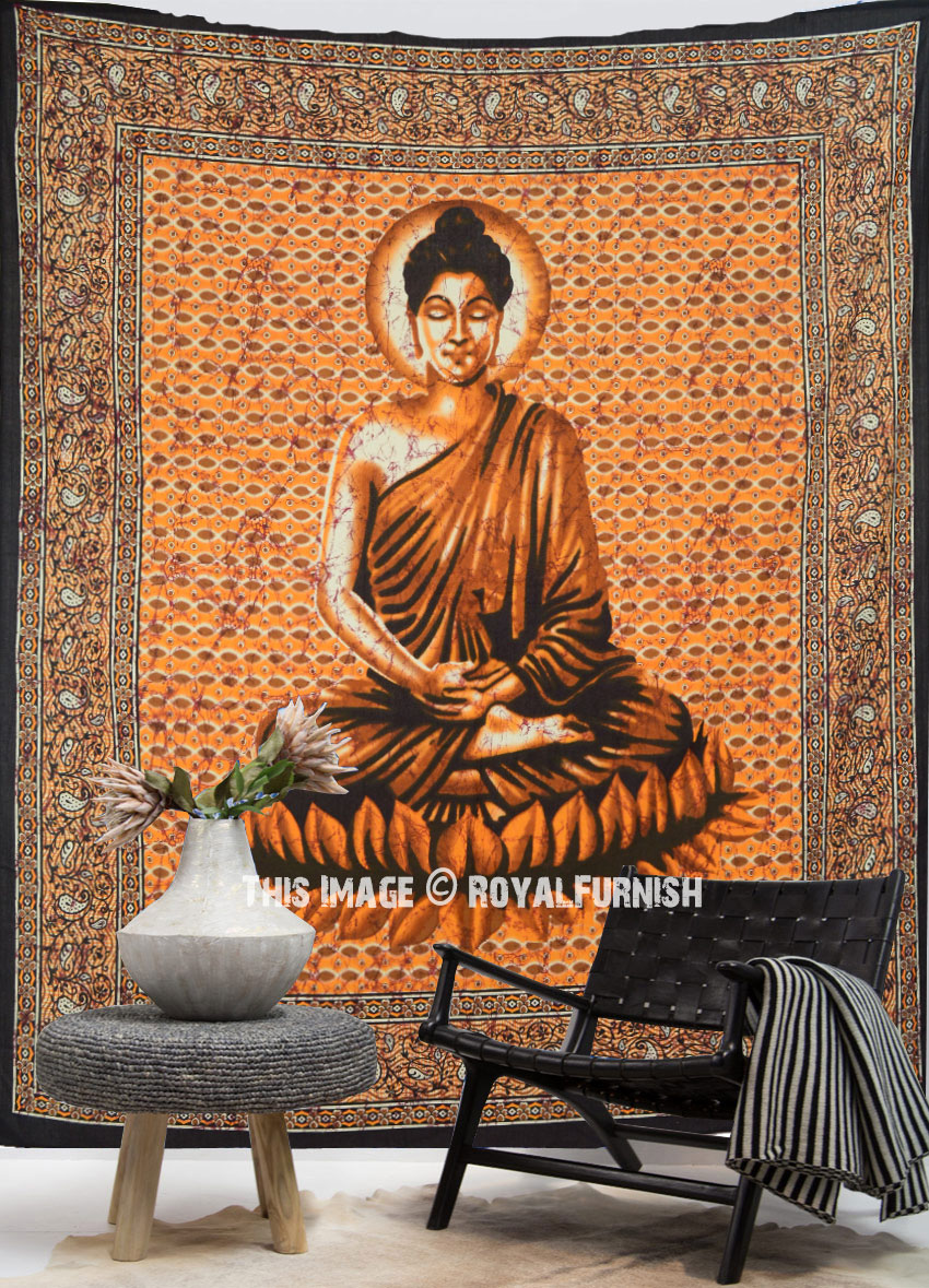 Large Orange & Brown Meditating Batik Buddha Wall Tapestry ...