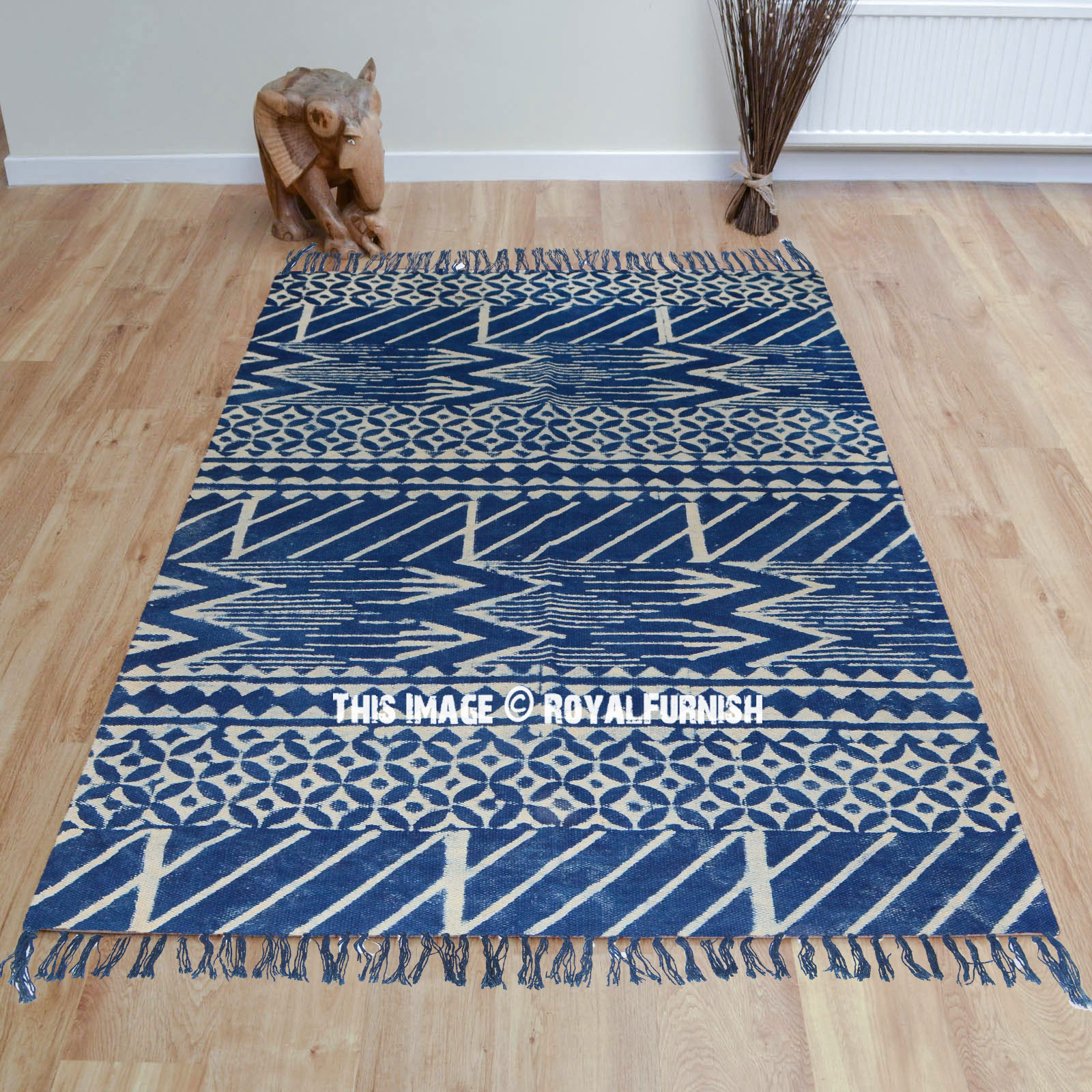 Indigo Blue Floral Hand Block Printed Outdoor Indoor Dhurrie Rug 3'X5 ...