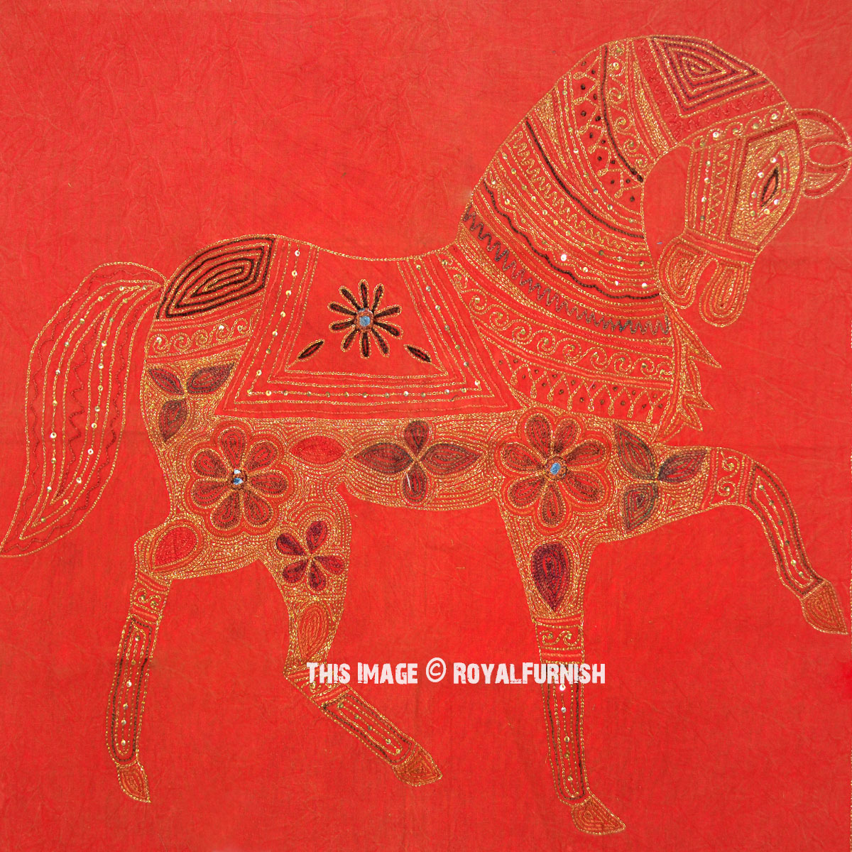 Red Vintage Handmade Horse Tapestry with Gold Embroidery Wall Hanging ...