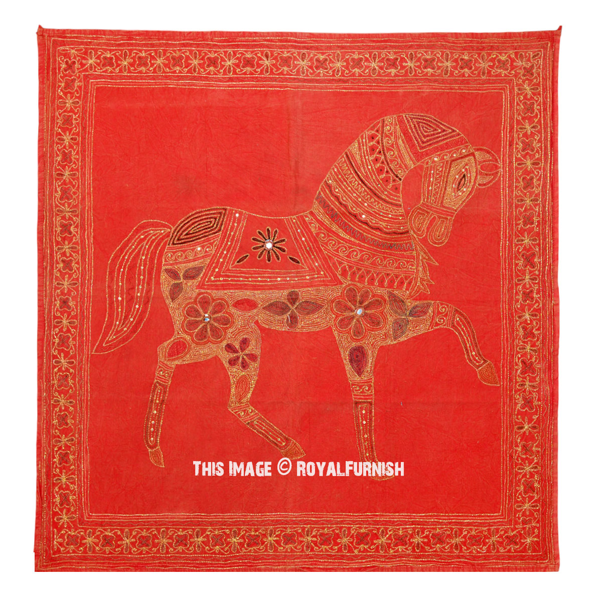 Red Vintage Handmade Horse Tapestry with Gold Embroidery Wall Hanging ...