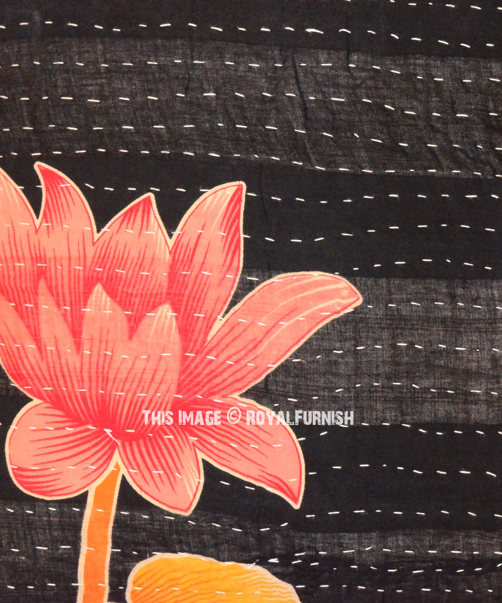 Black Decorative & Accent Lotus Kantha Embroidered Pillow Cover 16X16 ...