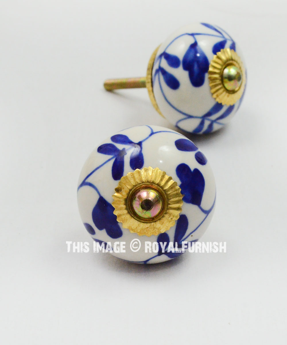 White & Blue Locust Round Ceramic Knobs for Cabinet, Set of 2 ...