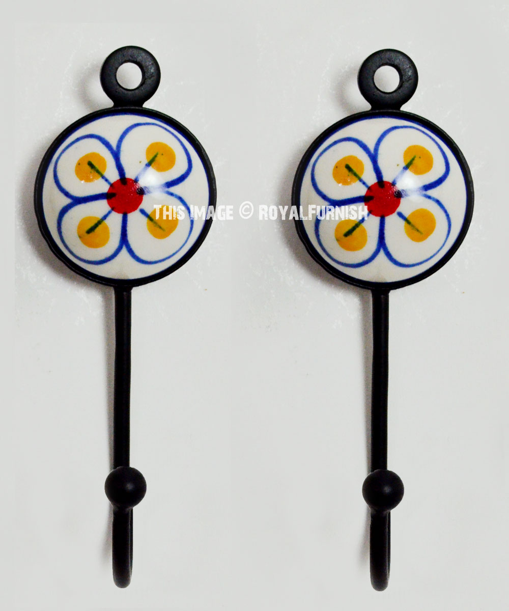 Wild Flower Ceramic Round Key Hook Set of 2 - RoyalFurnish.com