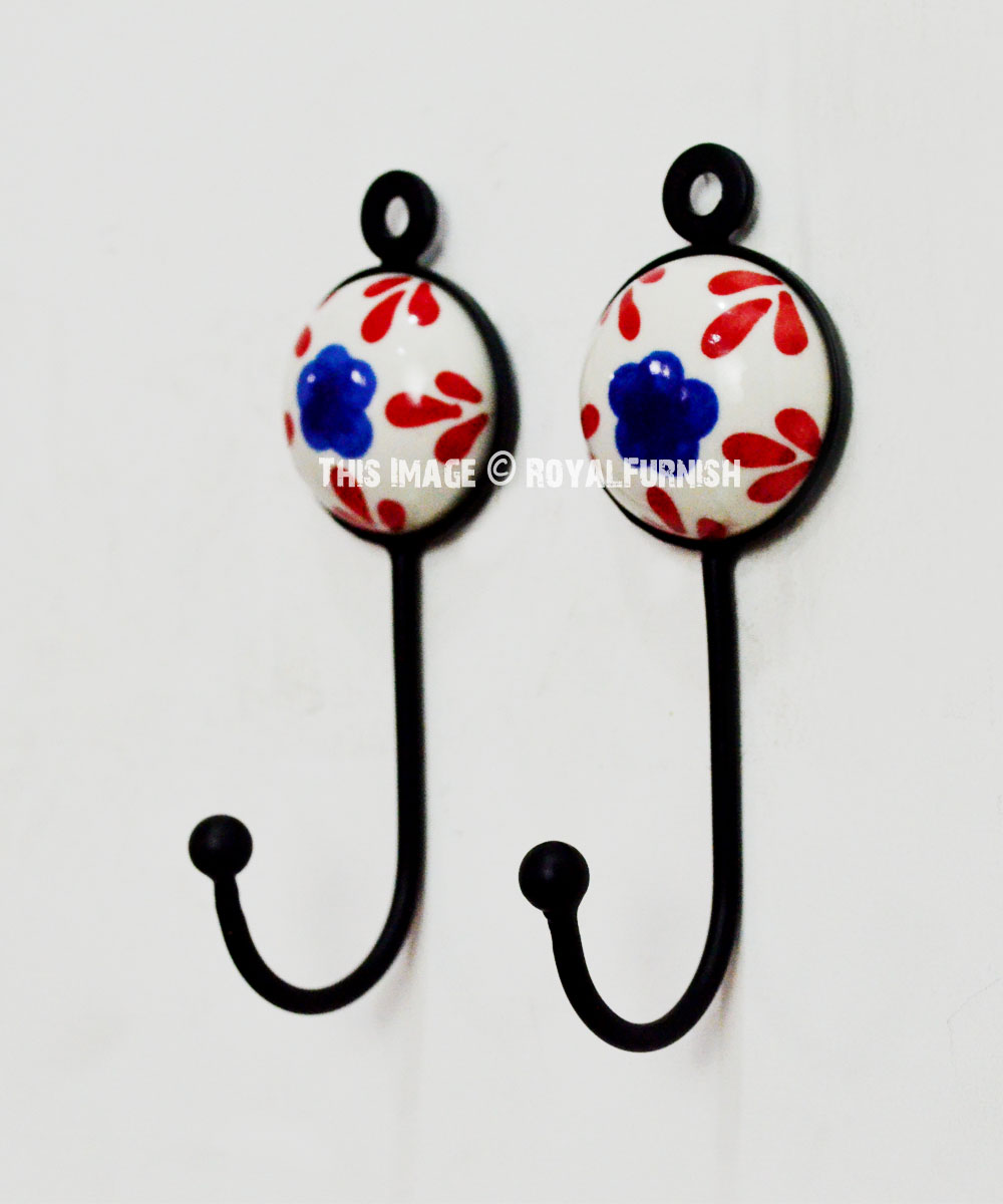 Blue Rose Ceramic Round Key Wall Hooks Set of 2 - RoyalFurnish.com