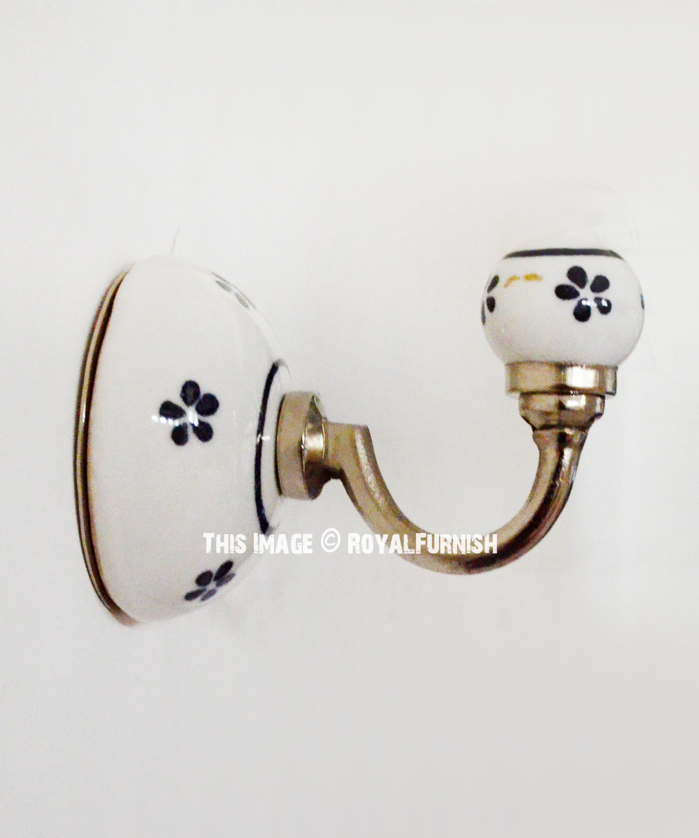 White Floral Painted Ceramic Wall Hook - RoyalFurnish.com