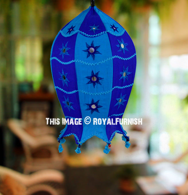 Blue Handmade Embroidered Cloth Pendant Lantern Lamp - RoyalFurnish.com