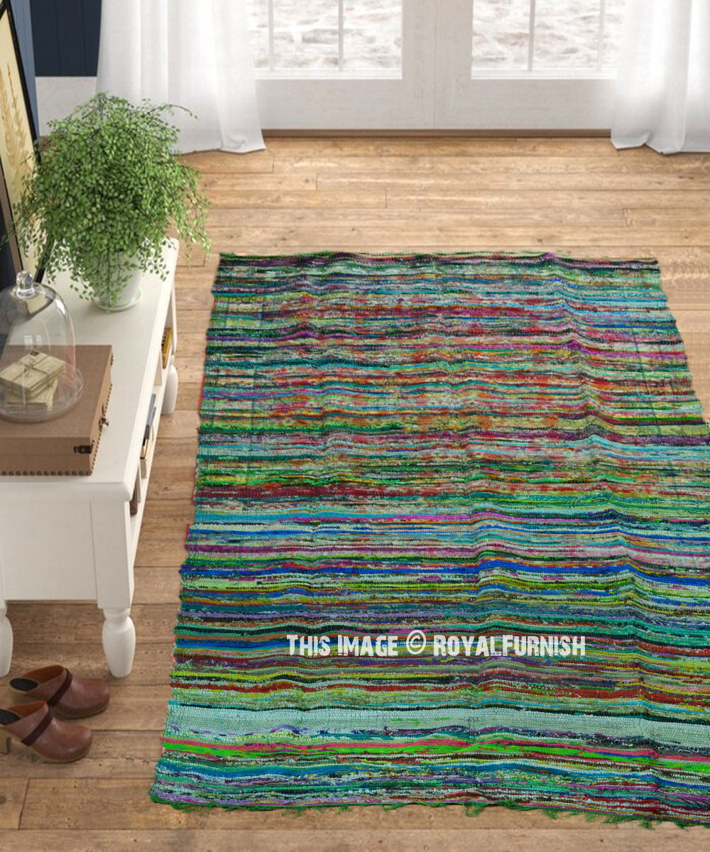 Green Multi Colored Chindi Hand Woven Area Rug 3.5X5.5 Ft ...