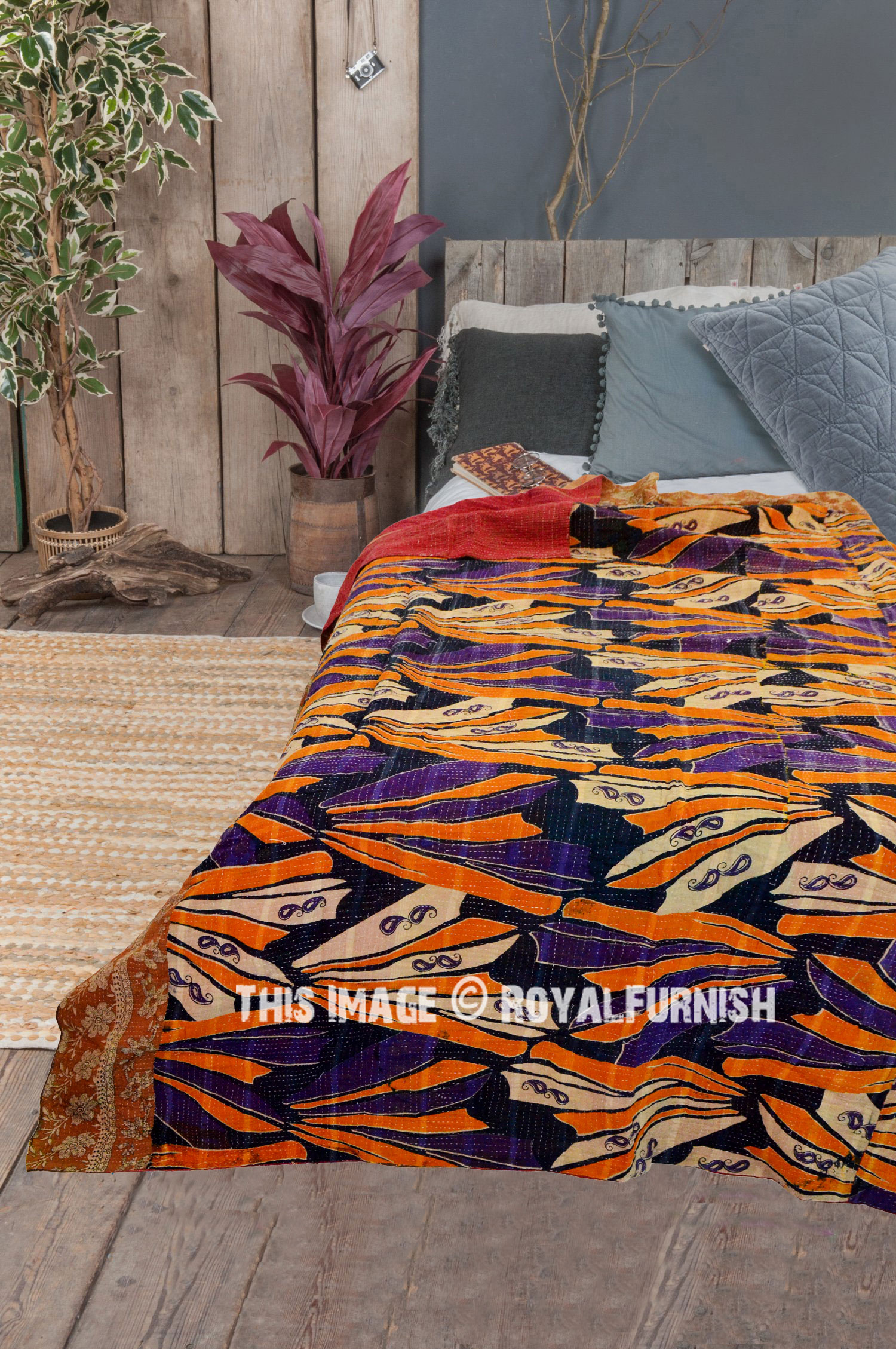 Flower & Leaves Printed Kantha Blanket Throw - RoyalFurnish.com