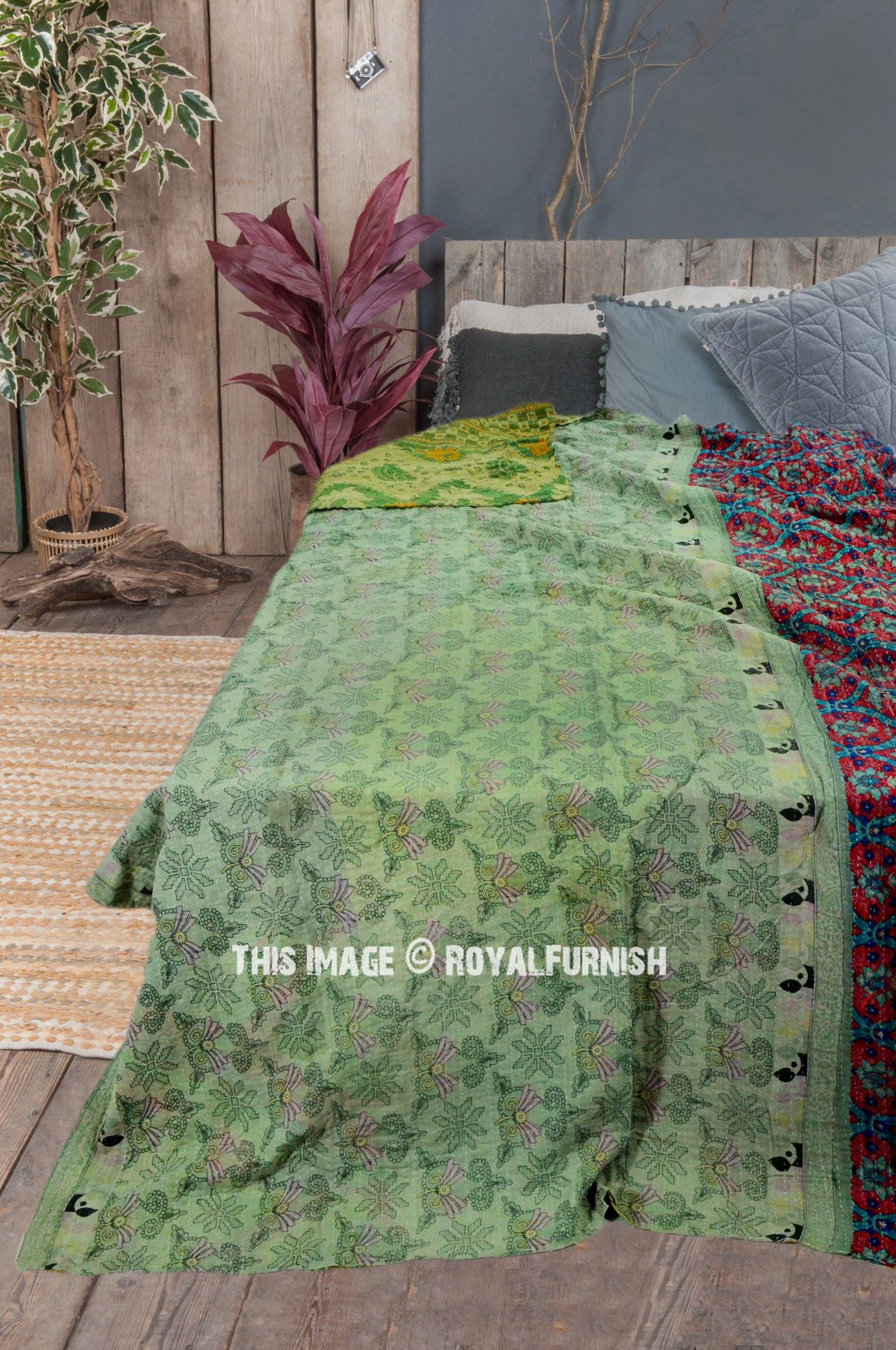 Green Multi Floral Print Reversible Indian Cotton Kantha Quilted ...