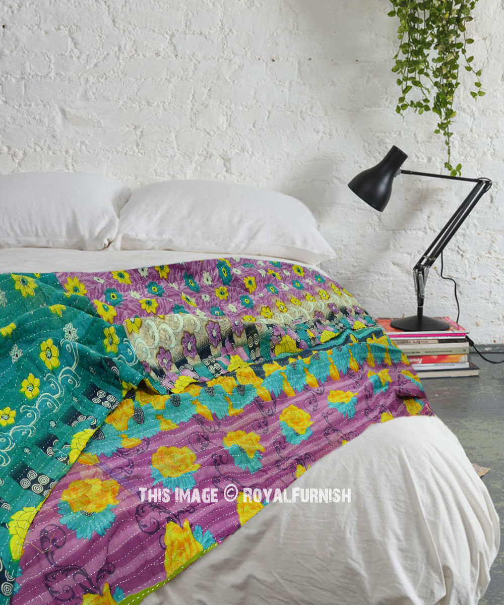 Hippie Look Cotton Reversible Kantha Throw Blanket - RoyalFurnish.com