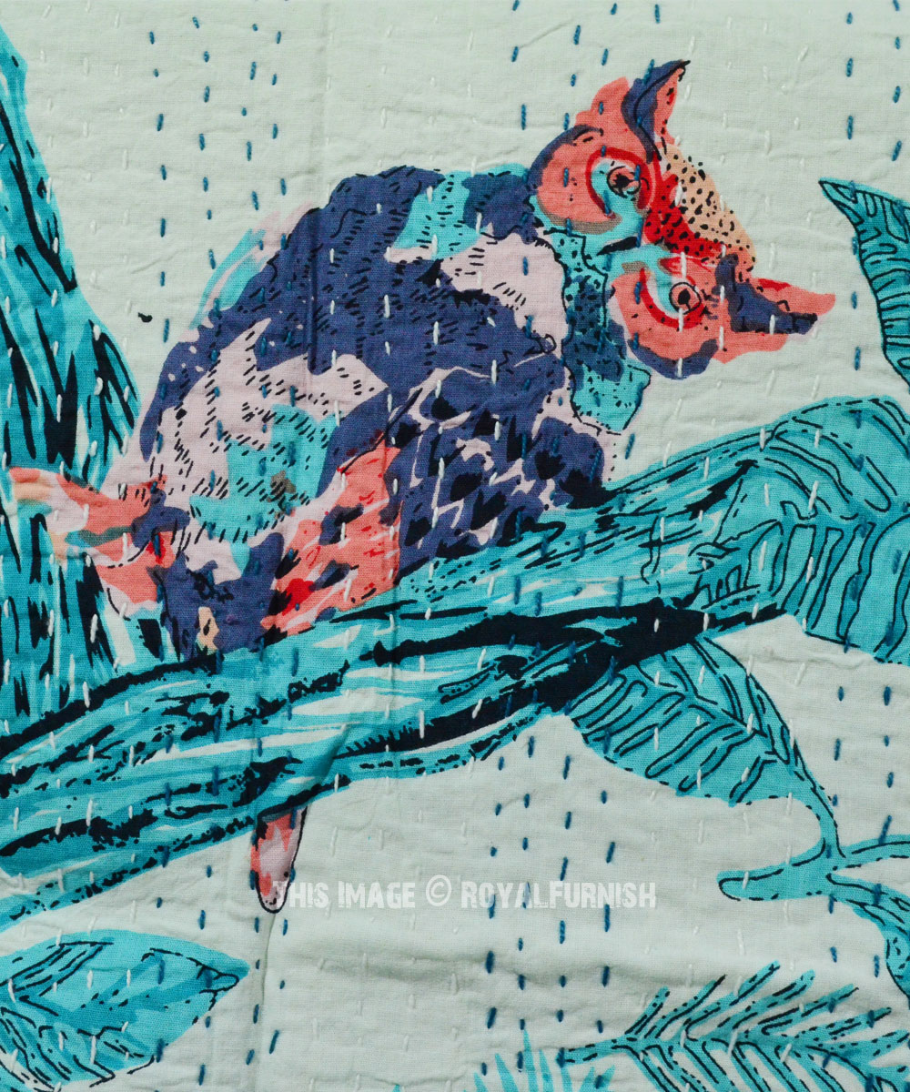 Teal Owls Sitting on Tree Bohemian Indian Kantha Quilt Blanket ...