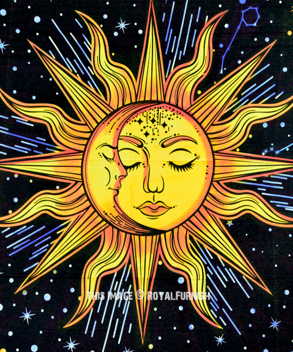 Yellow Colorful Sun Moon Meditation Wall Tapestry - Twin Size ...