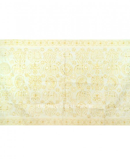 White Animal & Floral Golden Thread Embroidered Fabric Wall Hanging Art ...
