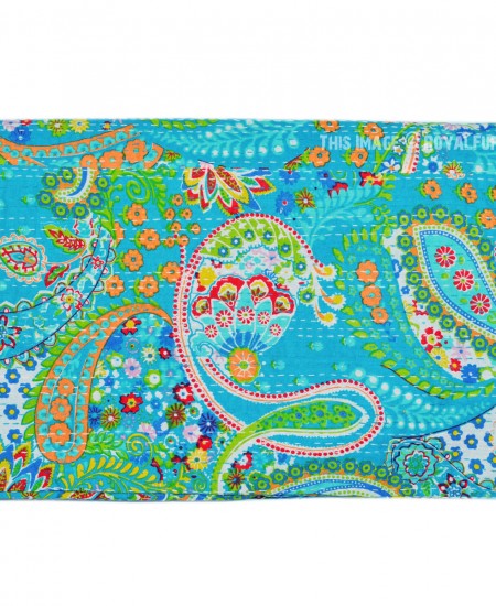 Turquoise Paisley Pattern Kantha Quilted Throw Bedding - RoyalFurnish.com