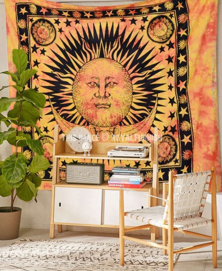Orange Good Morning Sun Moon Tapestry Bedding Throw - RoyalFurnish.com