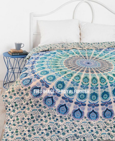 White Multi Peacock Hippie Bohemian Mandala Duvet Cover